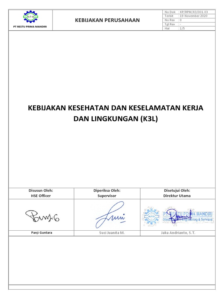 Kebijakan Kesehatan Dan Keselamatan Kerja Dan Lingkungan (K3L) | PDF