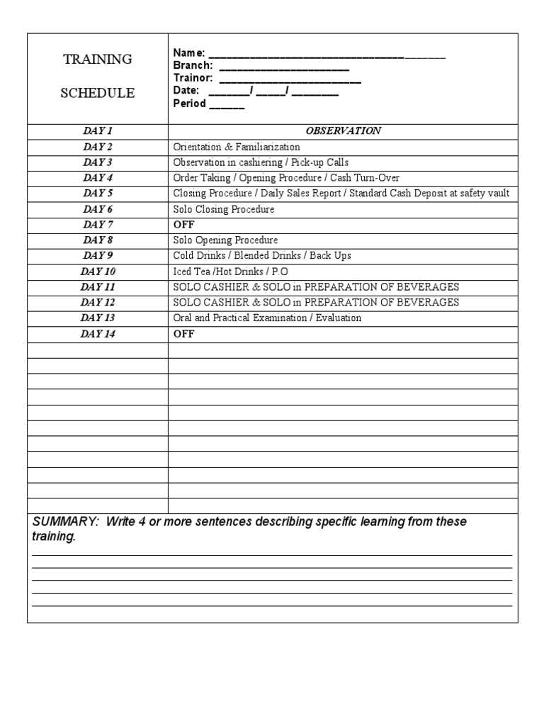 TRAINING SCHEDULE- Cashier | PDF