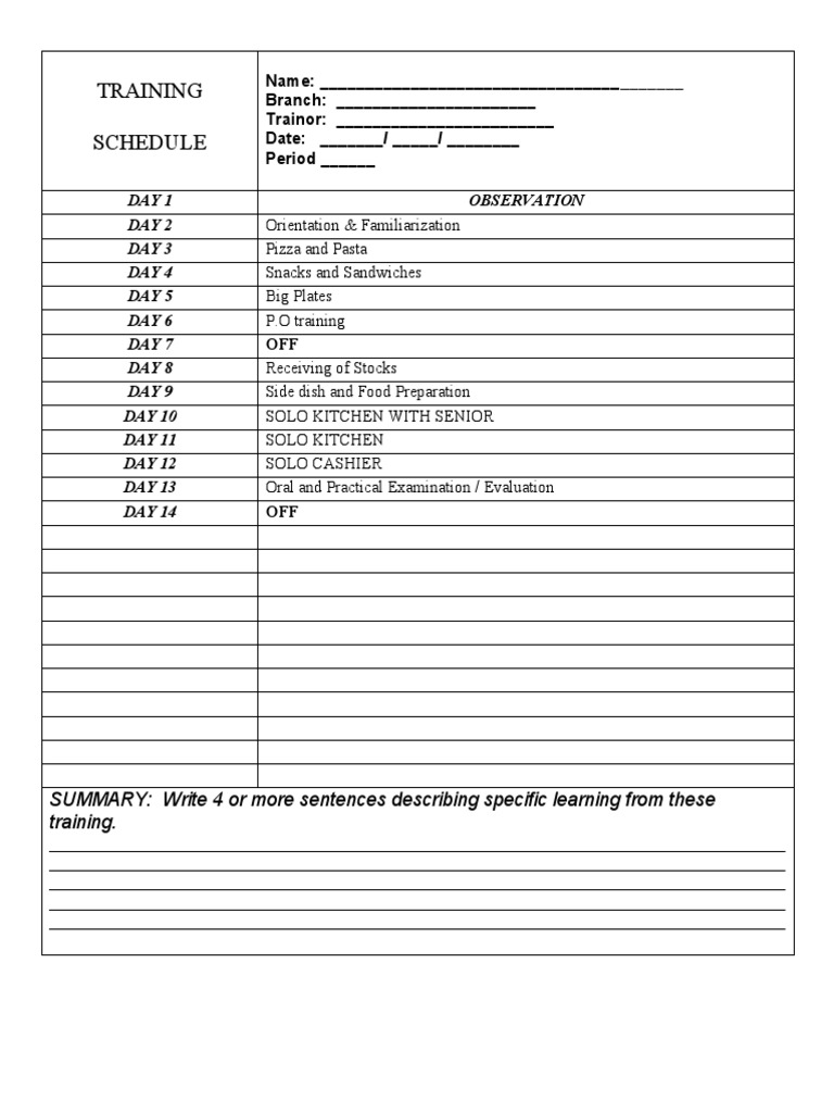 TRAINING SCHEDULE - Kitchen | PDF | Career & Growth | Business
