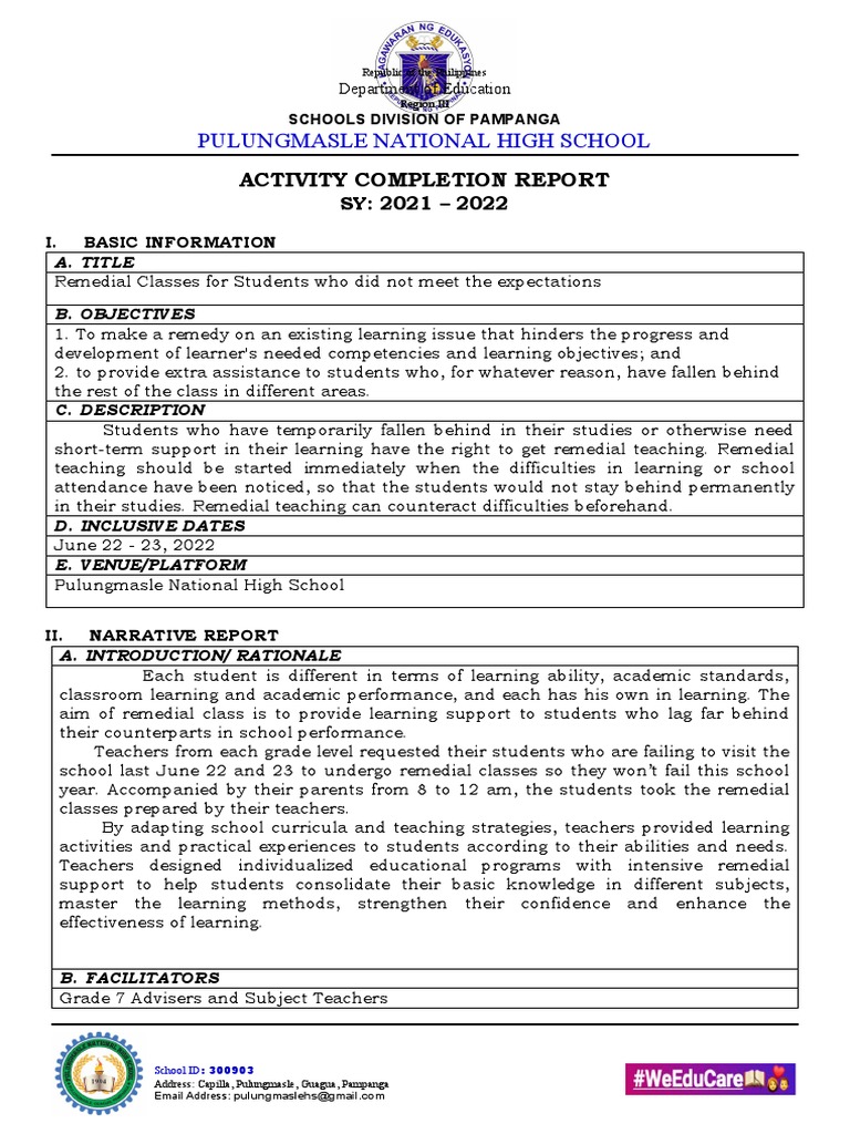 Pulungmasle National High School: Activity Completion Report | PDF ...