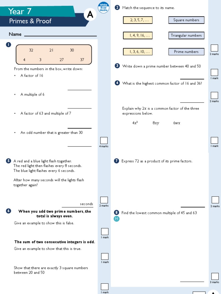 WRM Y7 Summer b5 Primes Proofs Eob Assessment A PDF | PDF | Prime Number | Arithmetic