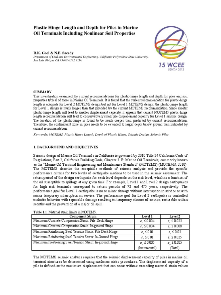 Plastic Hinge Length and Depth For Piles in Marine Oil Terminals ...