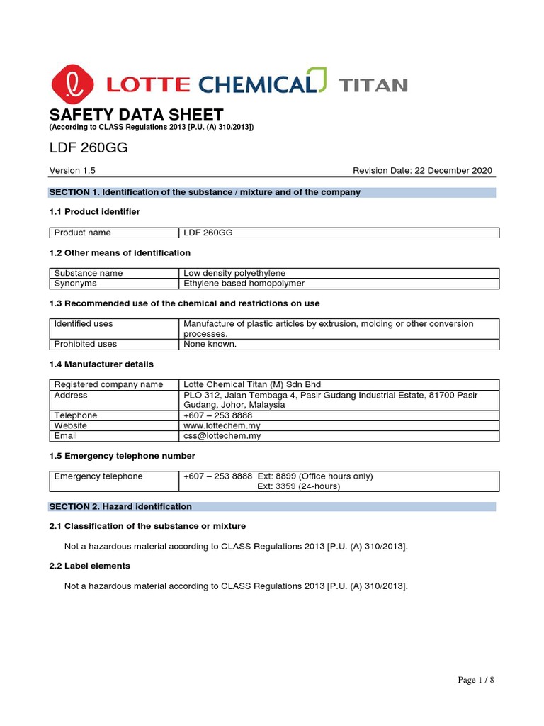 Safety Data Sheet: LDF 260GG | PDF | Firefighting | Dangerous Goods