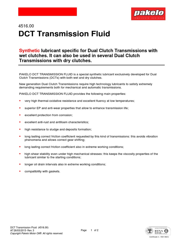 DCT Transmission Fluid: Synthetic | PDF | Automatic Transmission ...