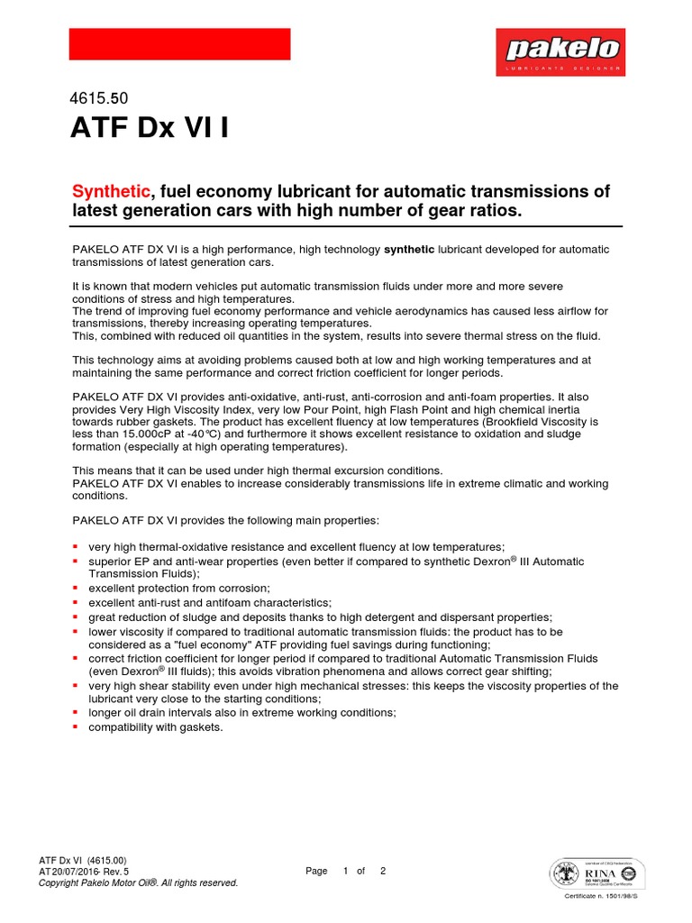 Atf DX Vi I: Synthetic | PDF | Automatic Transmission | Lubricant