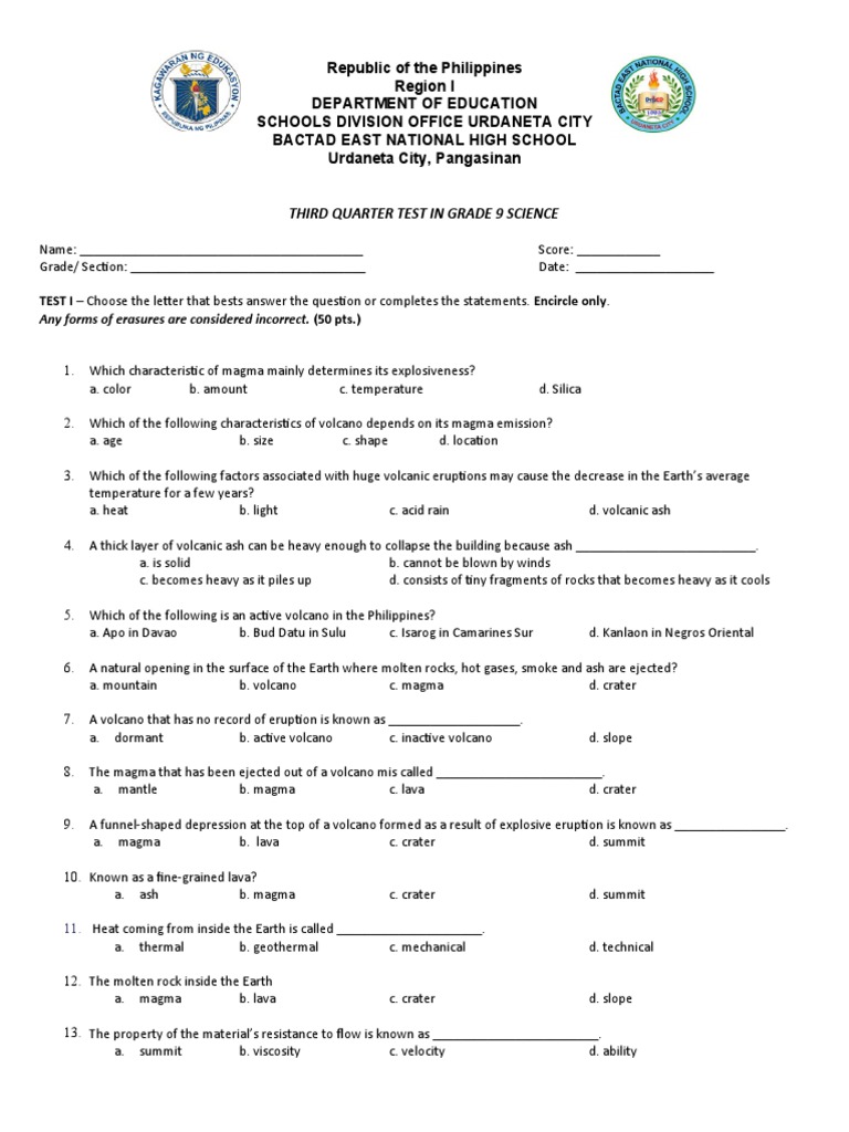 Third Quarter Test in Grade 9 Science | PDF | Types Of Volcanic ...