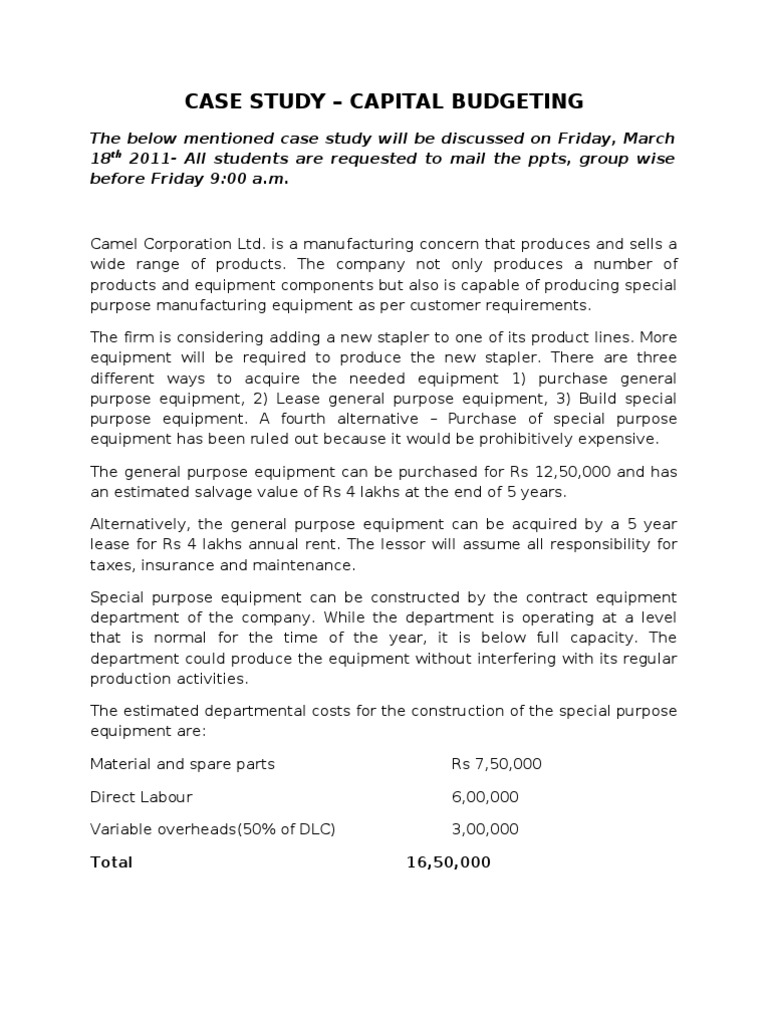 Capital Budgeting (Case Study Camel) | PDF | Cost Of Goods Sold | Lease