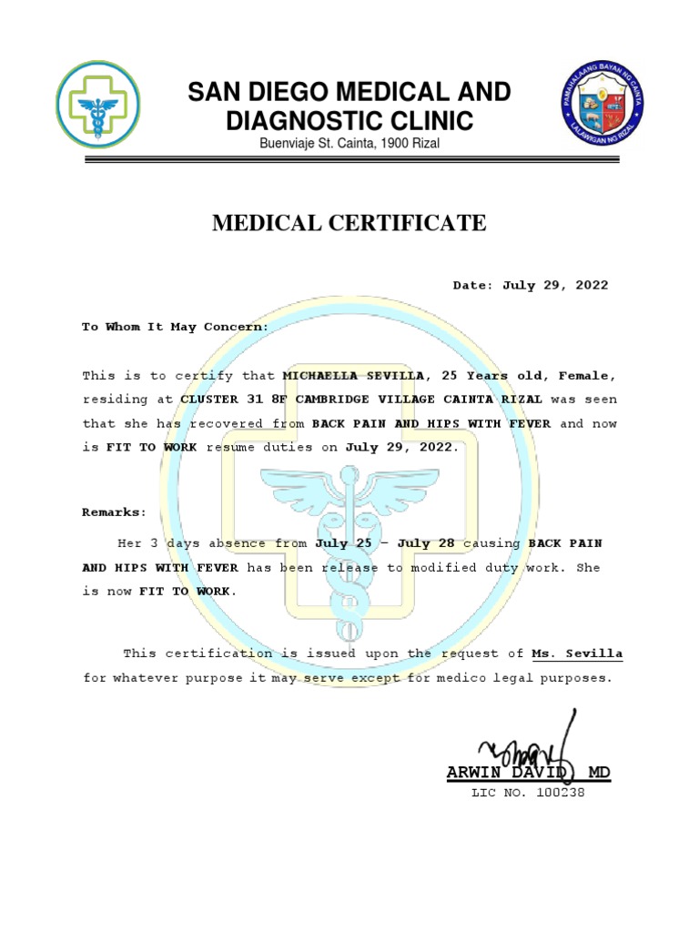 Fit to Work Medical Certificate Sample | PDF