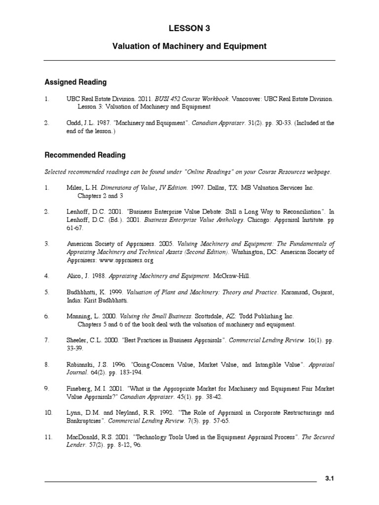LESSON 3. Valuation of Machinery and Equipment | PDF | Real Estate ...