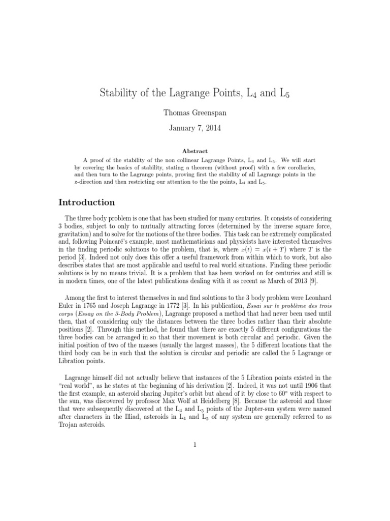 Thomas Greenspan-Stability of Lagrange Points | PDF | Stability Theory ...