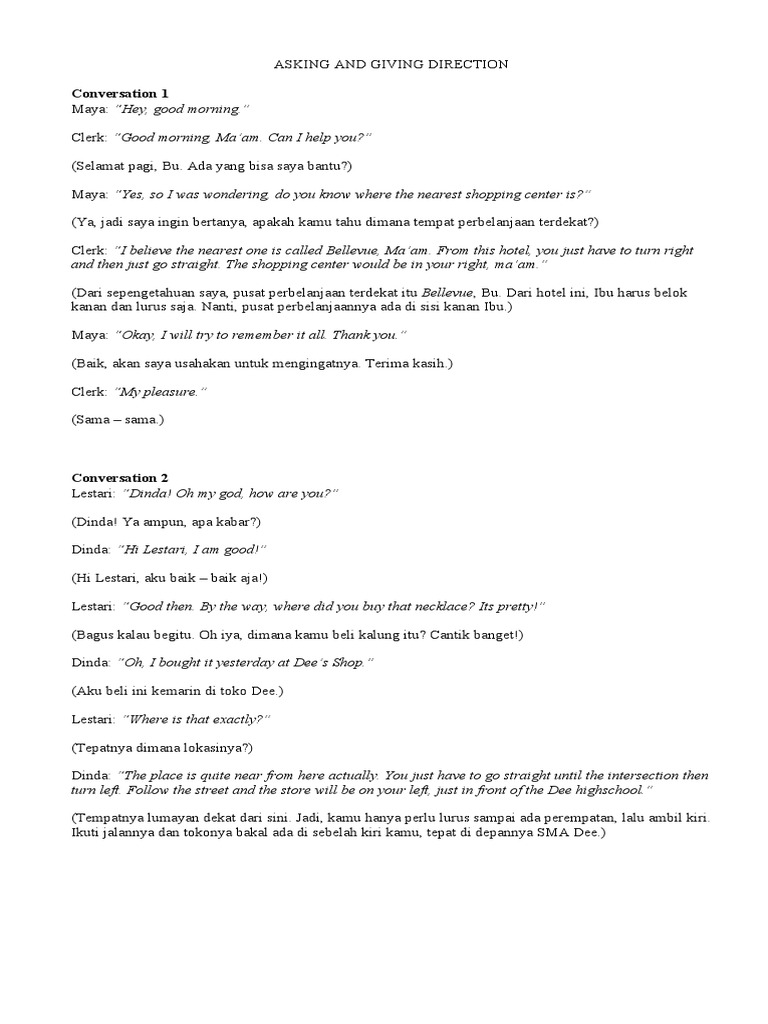 Contoh Percakapan Asking Dan Giving Direction Dibawah Ini | PDF ...