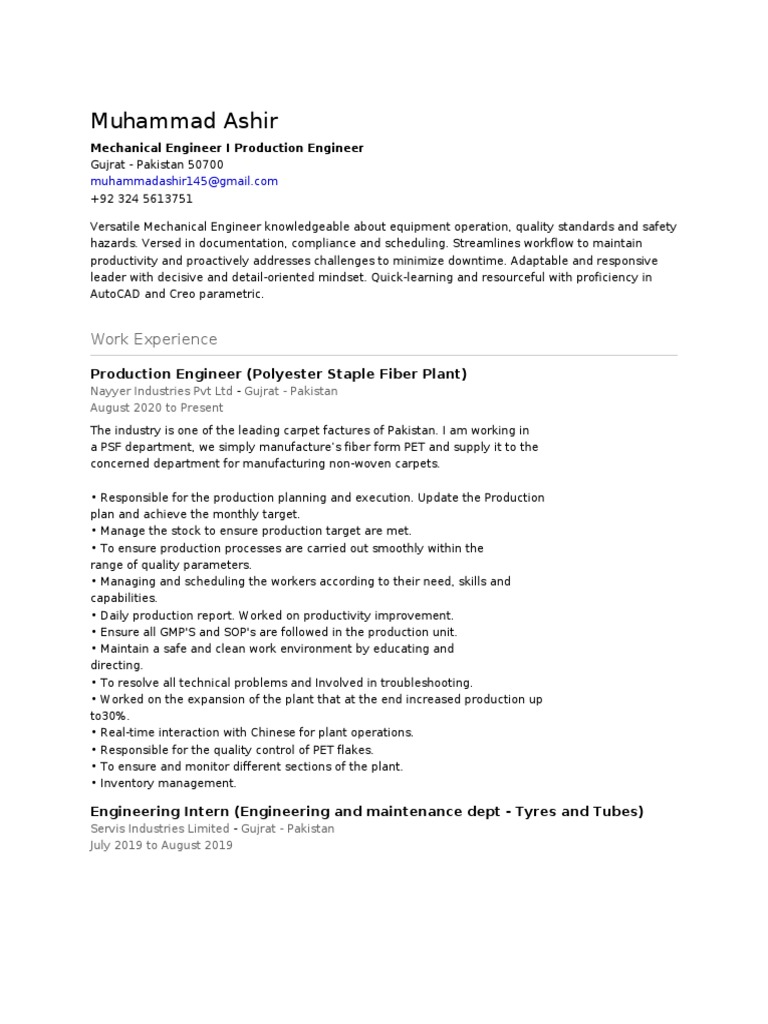 Muhammad Ashir: Work Experience | PDF | Engineering | Expert