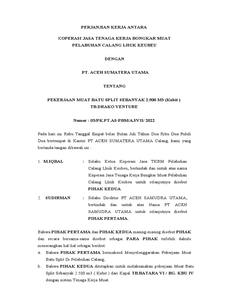 Kontrak PBM-TKBM PT ASU | PDF
