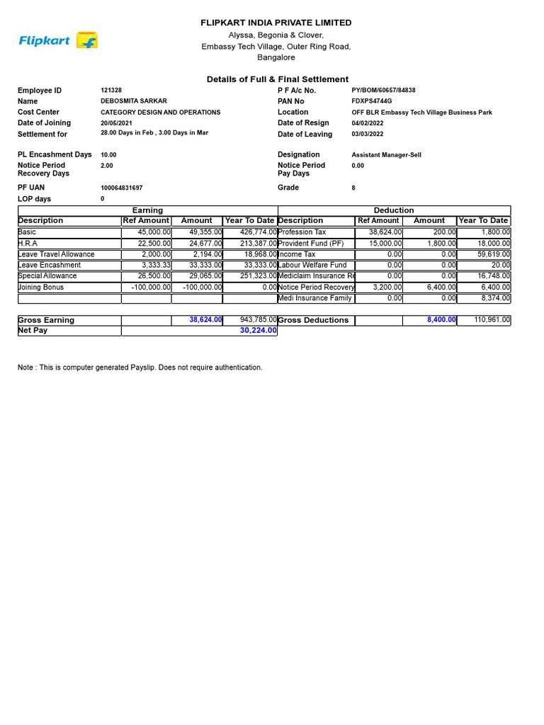 Debosmita Sarkar - 121328 - Settlement Payslip - Rerun | PDF | Tax ...