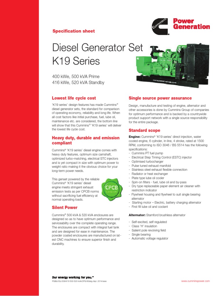 Diesel Generator Set K19 Series: Specification Sheet | PDF | Diesel ...