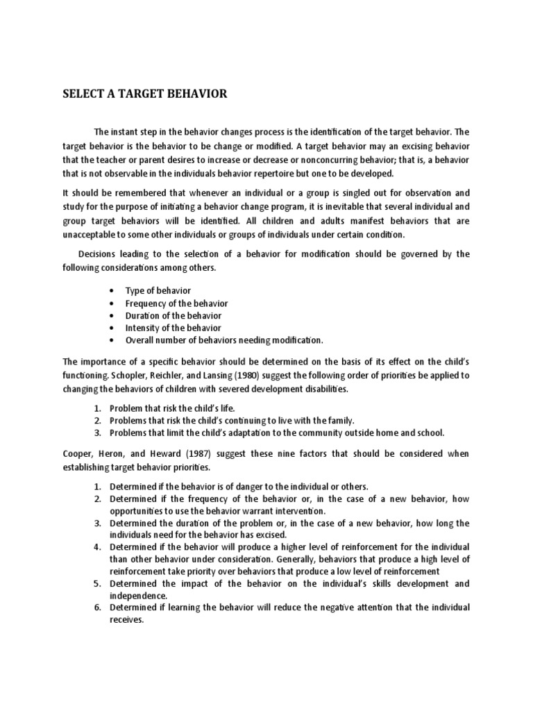 Select A Target Behavior | PDF | Reinforcement | Behavior