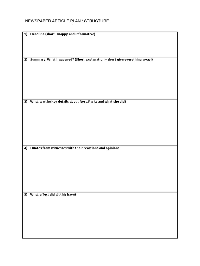 Activity 2: Article Planner: Newspaper Article Plan / Structure | PDF