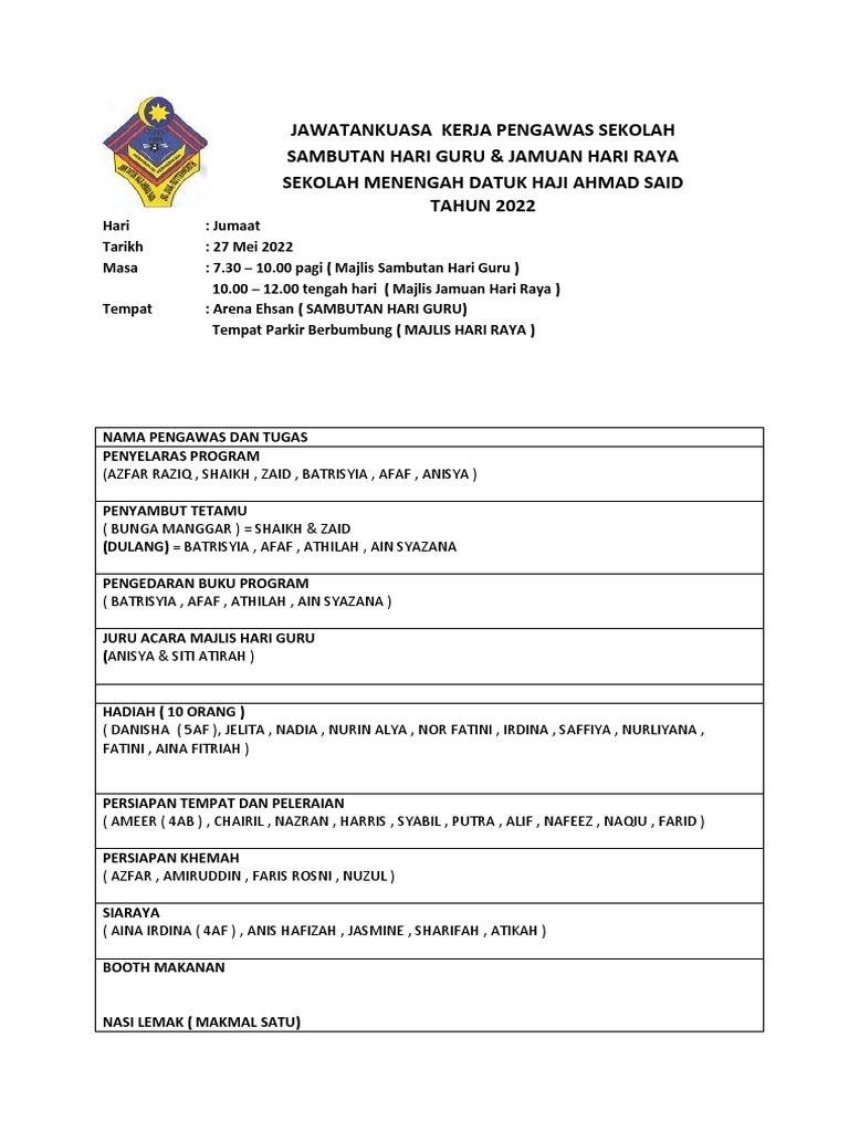 Ajk-Majlis-Sambutan-Hari-Guru-Jamuan-Hari-Raya 2022 | PDF Ajk-Majlis-Sambutan-Hari-Guru-Jamuan-Hari-Raya 2022 | PDF