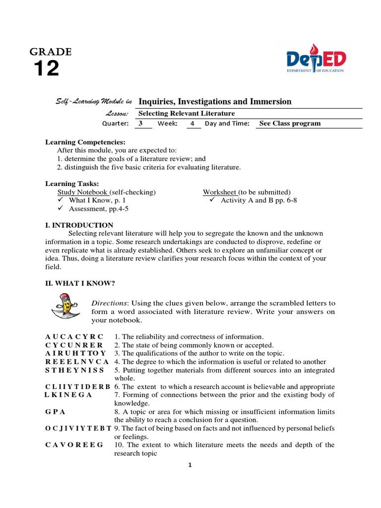 Grade: Self-Learning Module in Inquiries, Investigations and Immersion ...