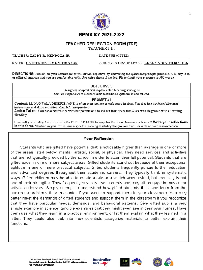 RPMS SY 2021-2022: Teacher Reflection Form (TRF) | PDF | Gifted ...