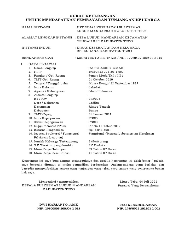 Surat Keterangan Tunjangan Keluarga PNSD | PDF