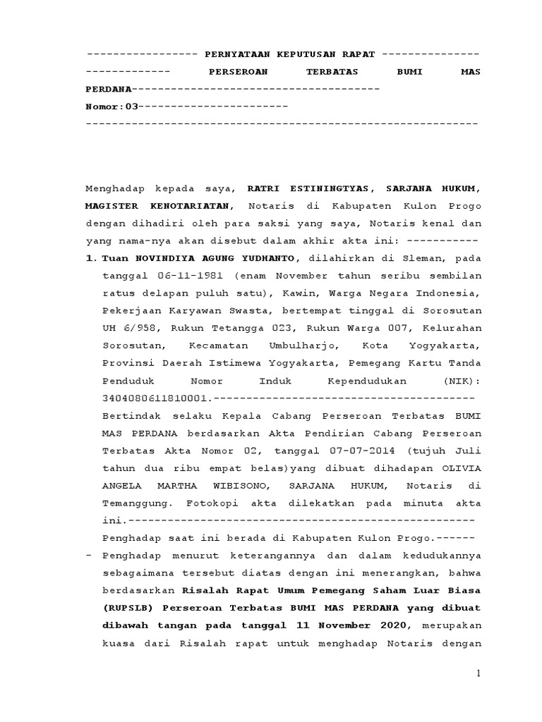 AKTA PERUBAHAN PKR PT BUMI MAS PERDANA TGL 17 NOVEMBER 2020 - Koreksi 17112020 | PDF