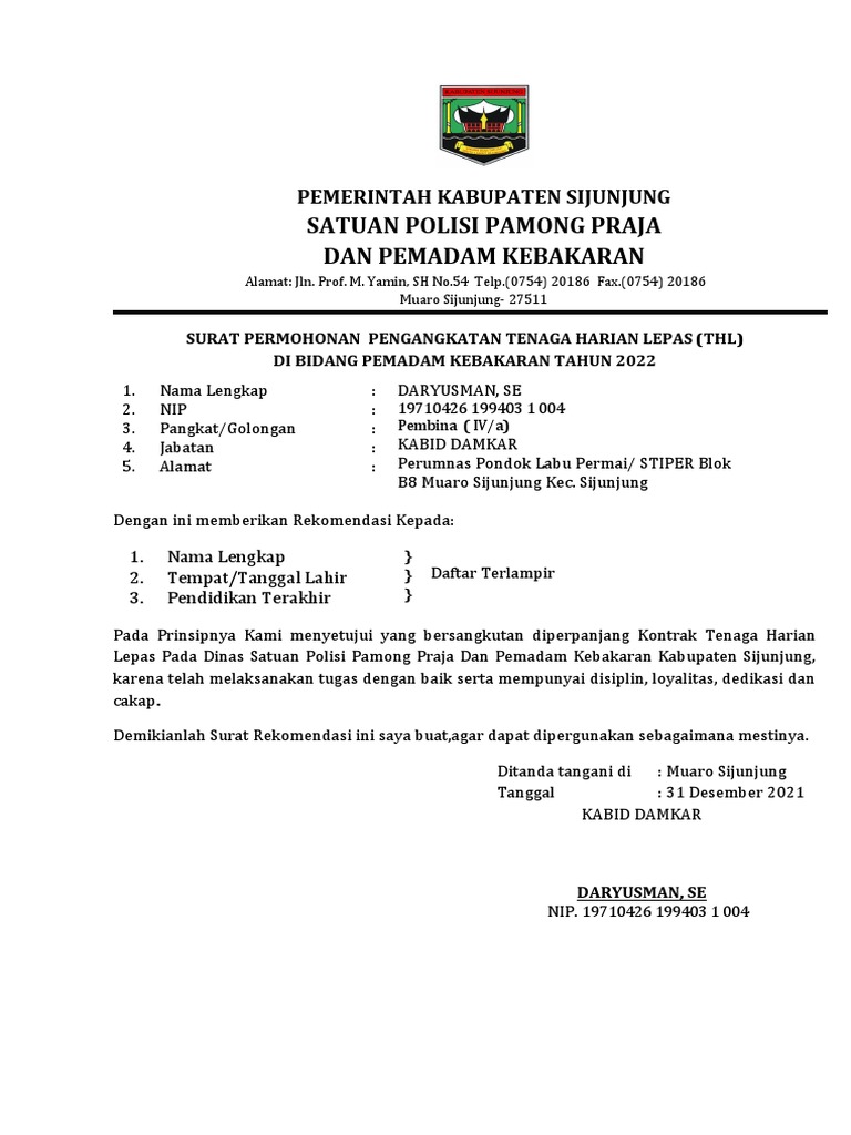 Rekomendasi THL Damkar 2022 | PDF
