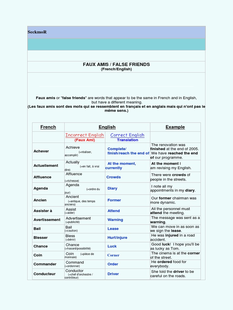 English Lesson - Faux-Amis (False-Friends) - English-French | PDF