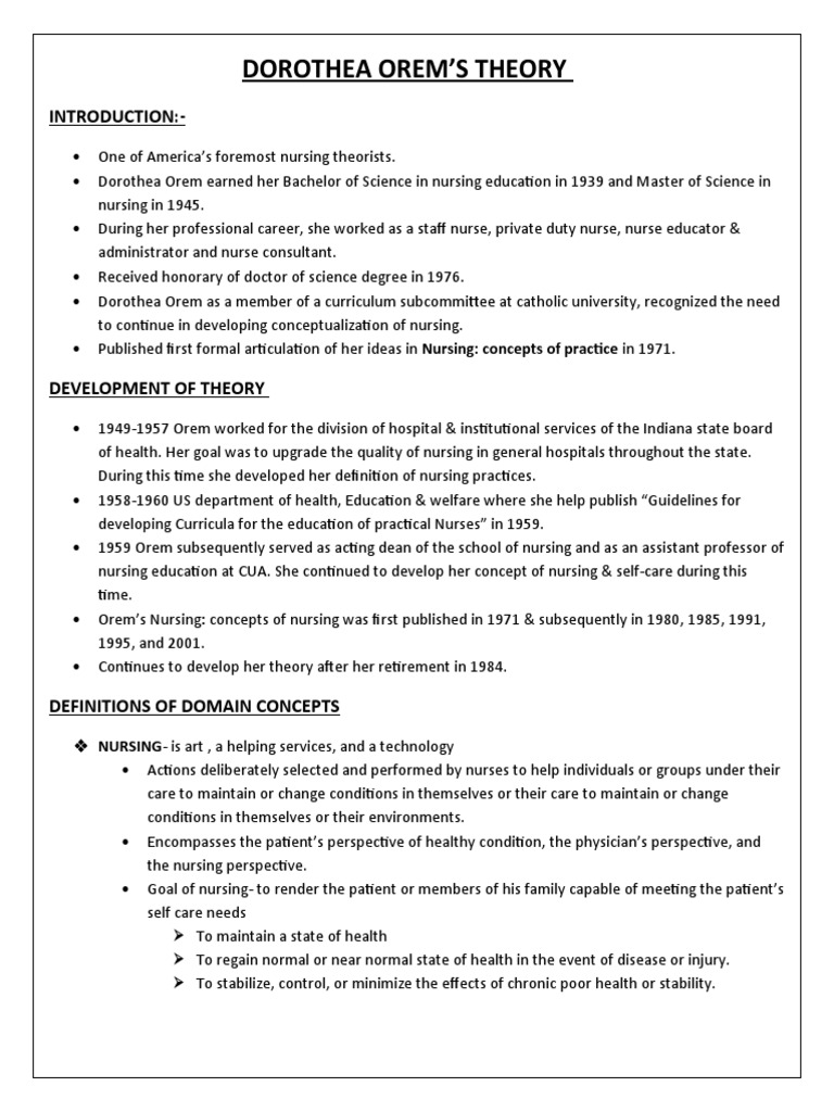 Dorothea Orem Theory | PDF | Nursing | Theory