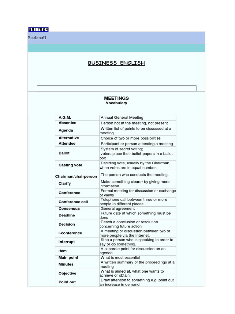 Free-Business English - English Vocabulary For Business Meetings | PDF ...