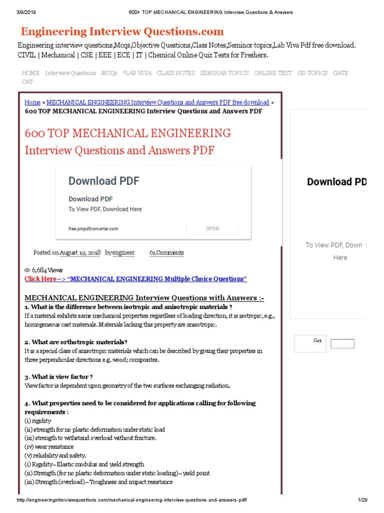 600+ TOP MECHANICAL ENGINEERING Interview Questions & Answers | PDF ...