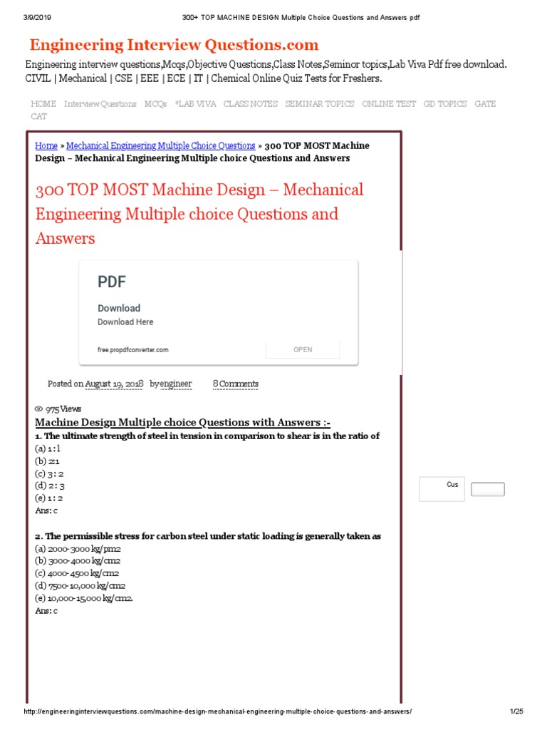 300+ TOP MACHINE DESIGN Multiple Choice Questions and Answers PDF | PDF ...