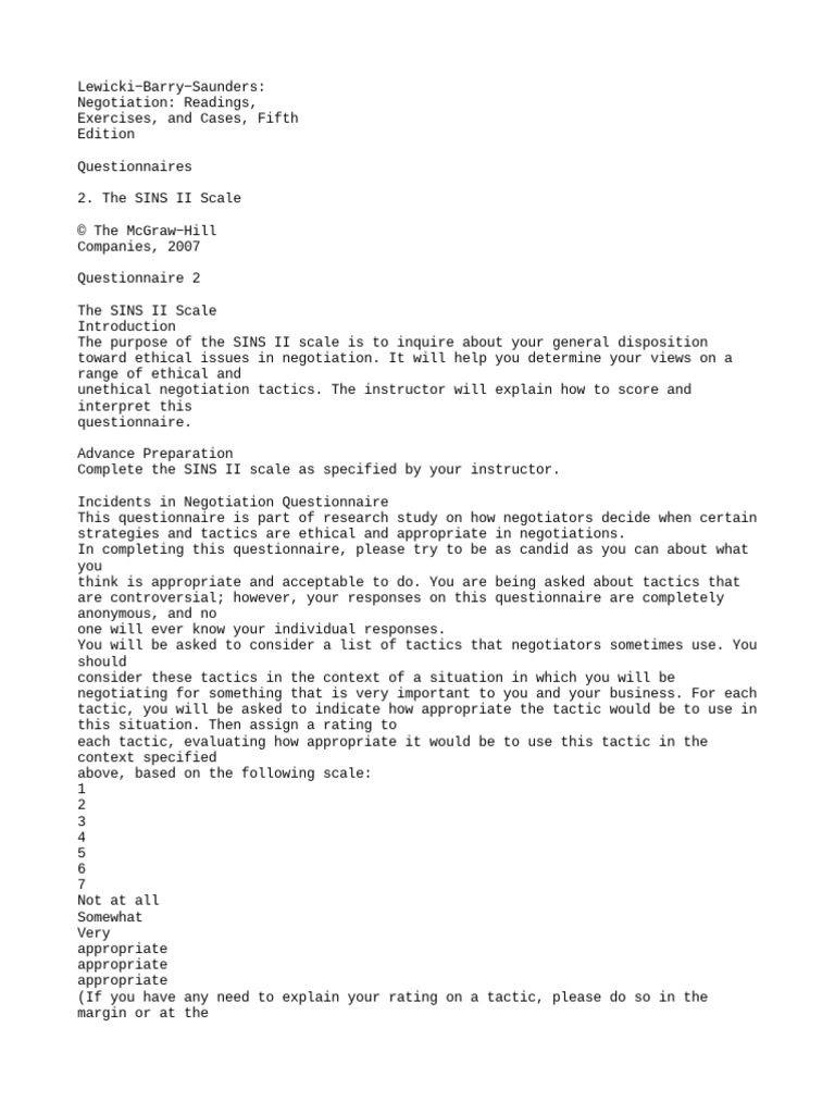 The SINS II Scale PDF | PDF | Negotiation