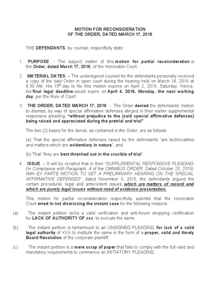 MOTION-FOR-RECONSIDERATION | PDF | Demurrer | Pleading