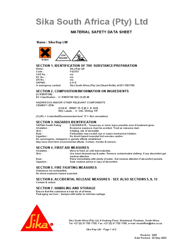 Sika South Africa (Pty) LTD: Material Safety Data Sheet | Download Free PDF | Personal ...