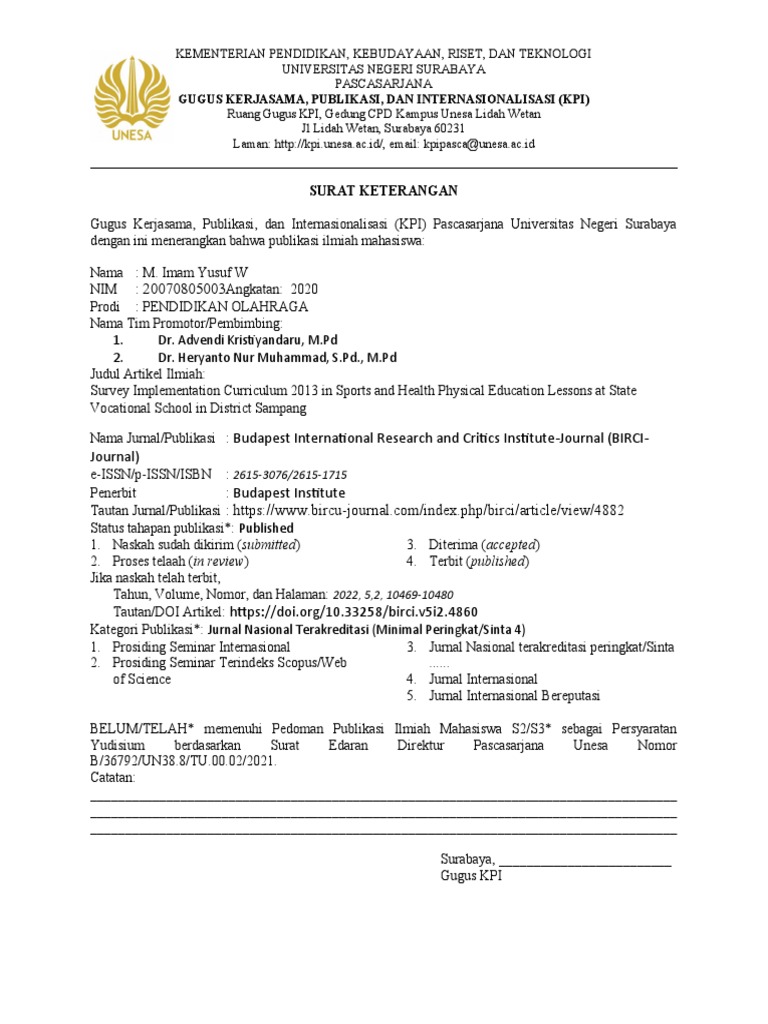 S2 - Form Surat Keterangan Publikasi Ilmiah KPI | PDF