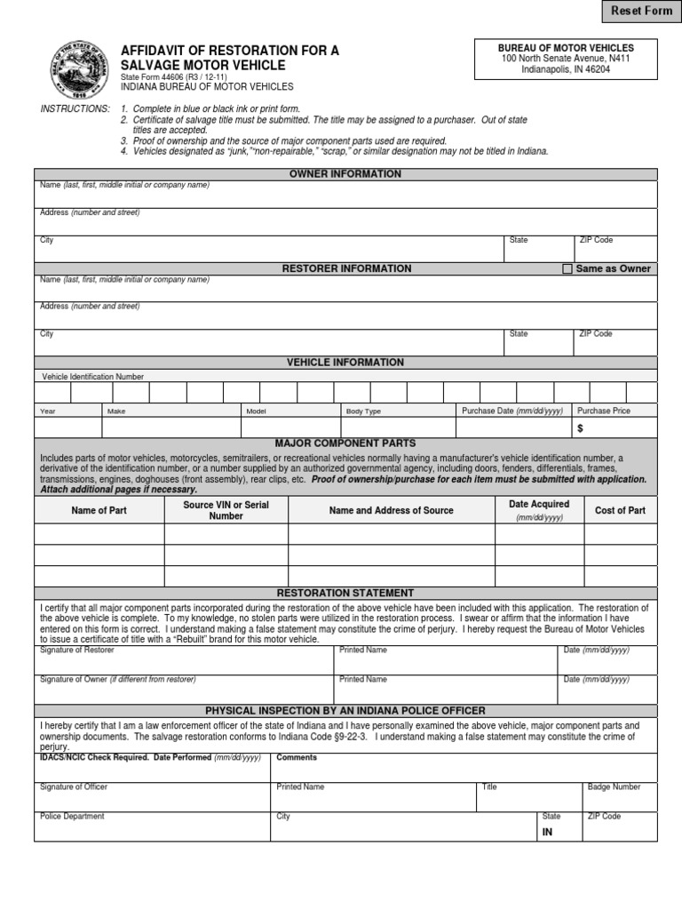 Affidavit of Restoration For A Salvage Motor Vehicle: Owner Information ...