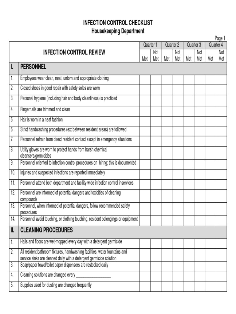 Infection Control Checklist Housekeeping Department | PDF ...