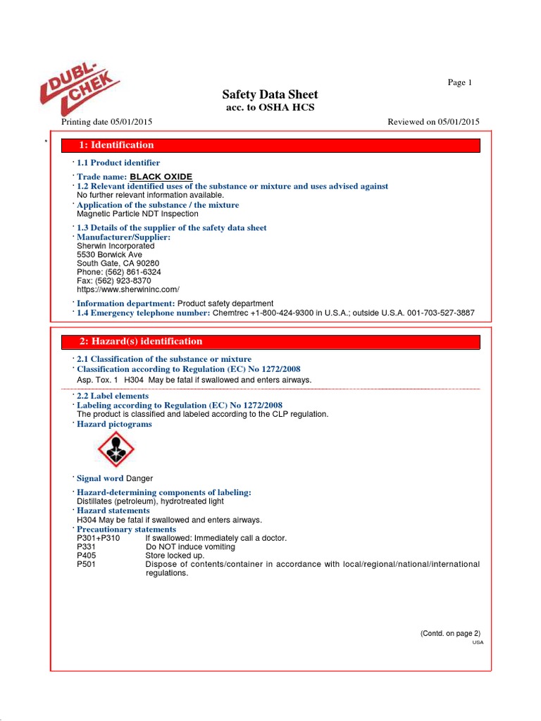 Safety Data Sheet: 1: Identification | PDF | Dangerous Goods | Toxicity