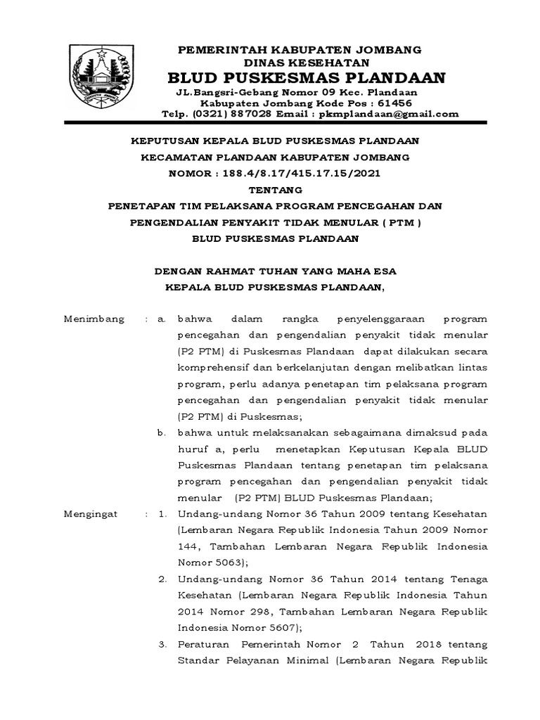 4.5.1 EP 2 SK PENETAPAN TIM PELAKSANA PROGRAM P2 PTM 2021 (Draft) | PDF