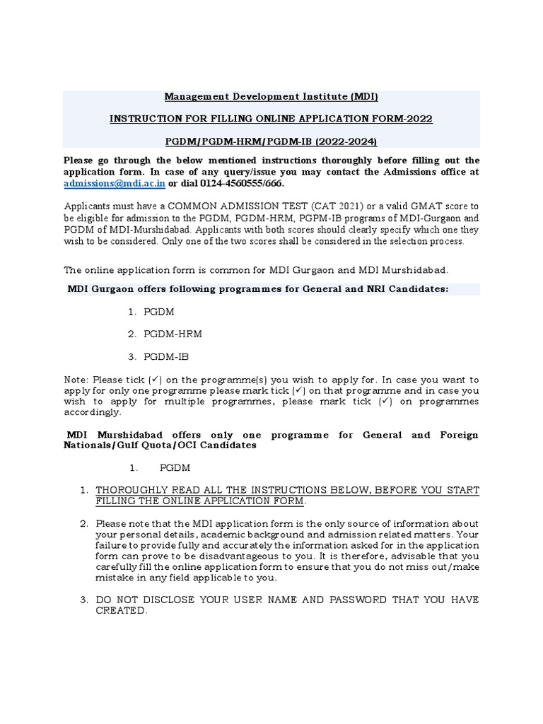 MDI Gurgaon Instructions Document PGP 2022 | PDF | Academic Degree ...