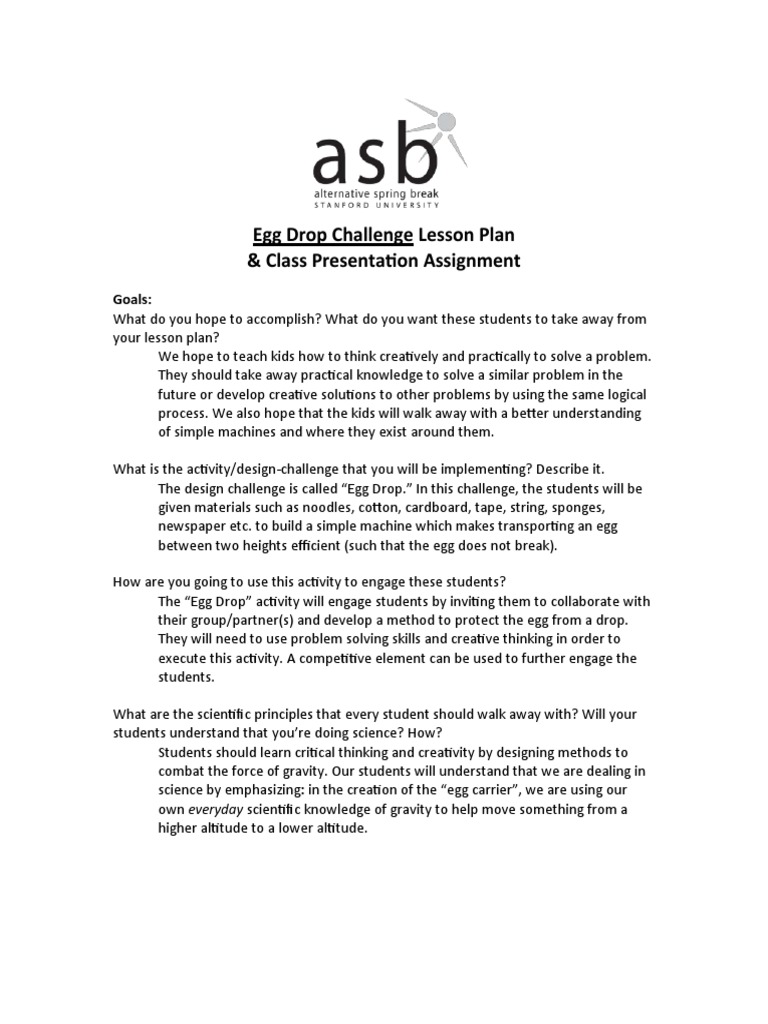 Egg Drop Challenge Lesson Plan & Class Presentation Assignment | PDF ...