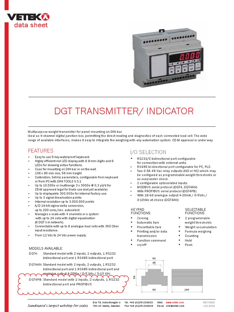 DGT Transmitter/ Indicator: Data Sheet | PDF | Analog To Digital Converter | Computing
