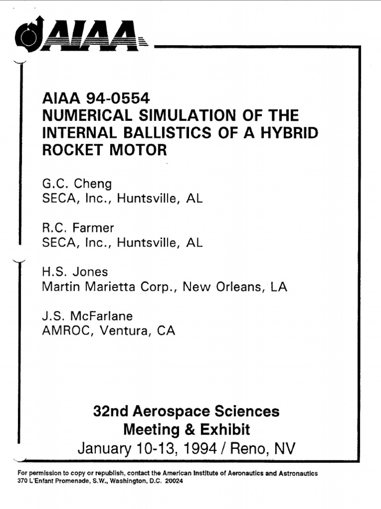 Aiaa Numerical Simulation of The Internal Ballistics of A Hybrid Motor ...