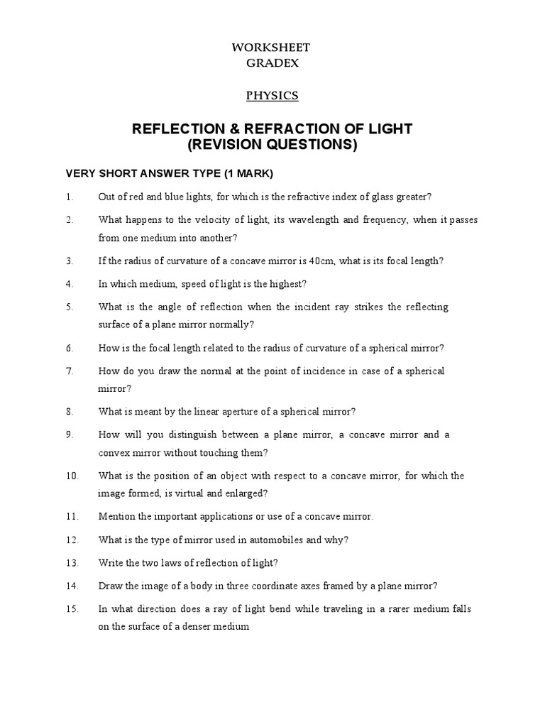 Reflection & Refraction of Light (Revision Questions) : Very Short ...