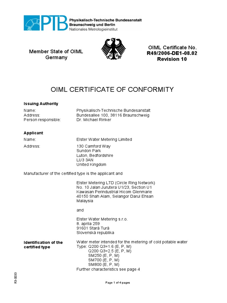 Member State of OIML Germany OIML Certificate No | PDF | Pipe (Fluid ...
