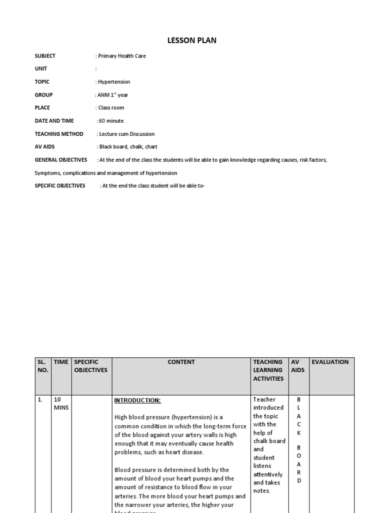 Lesson Plan On Hypertension 1 | PDF | Hypertension | Blood Pressure