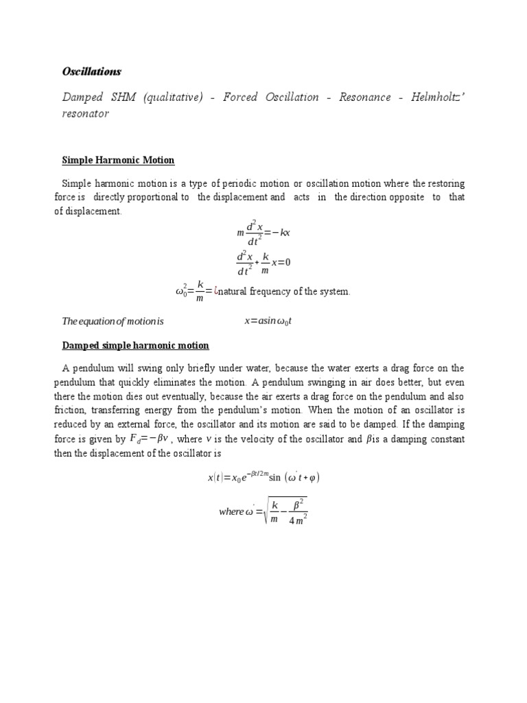 Damped SHM (Qualitative) - Forced Oscillation - Resonance - Helmholtz' Resonator | PDF ...