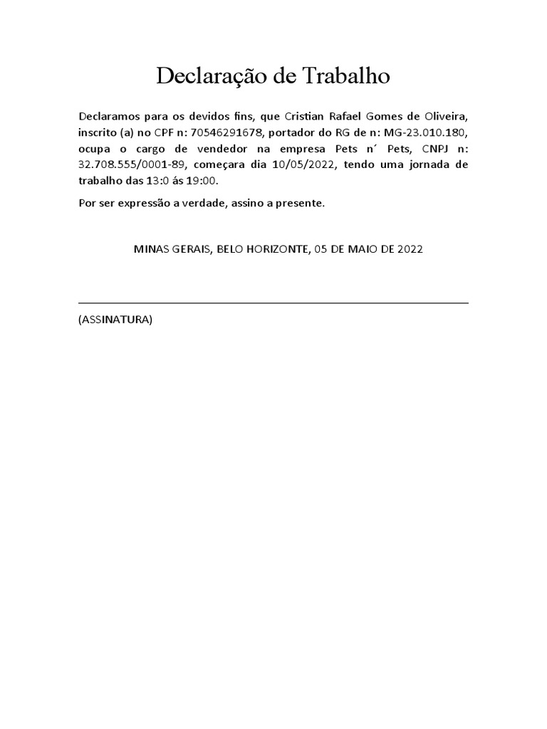 Declaração de Trabalho | PDF