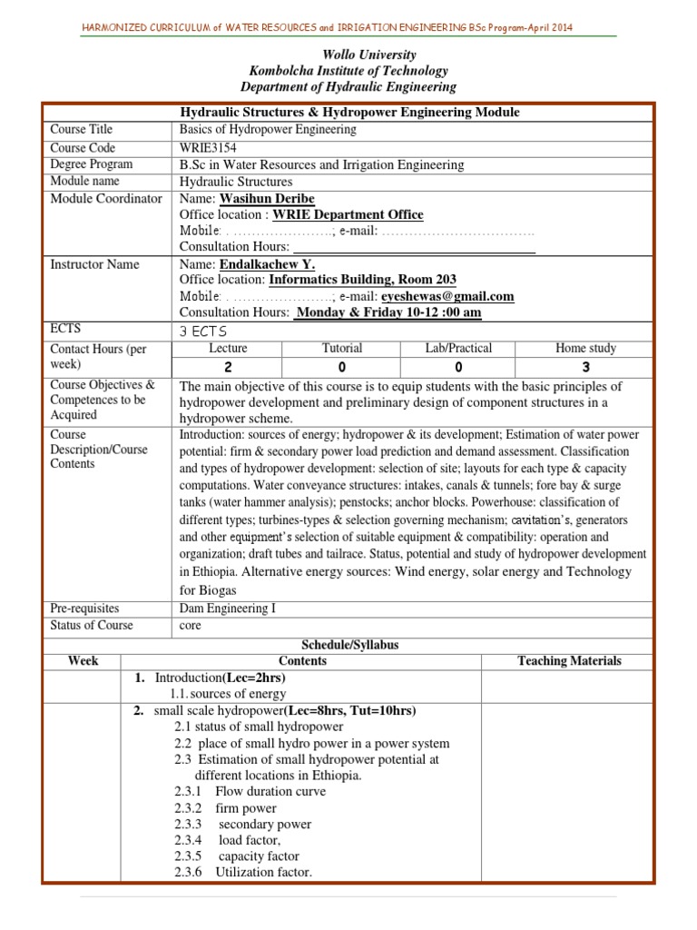 Lecturenote - 250413259course Outline - Basics of Hydropower ...